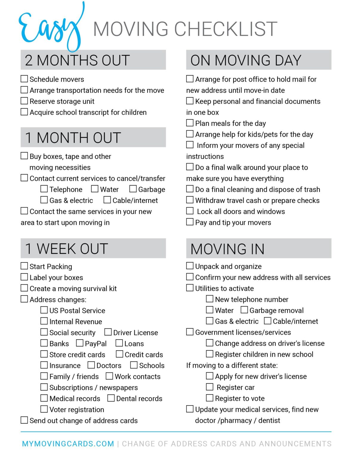 Best Free Printable Moving Checklist Pdf - Printable Template