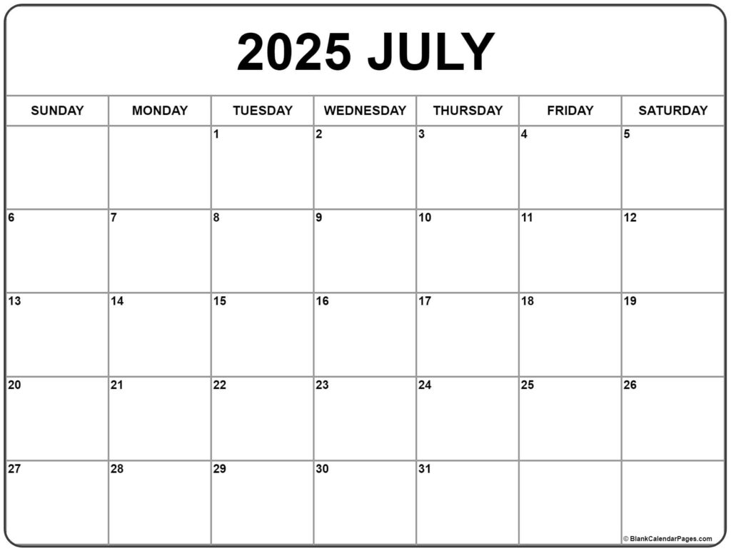 Blank 2025 July Calendar - Printable Template